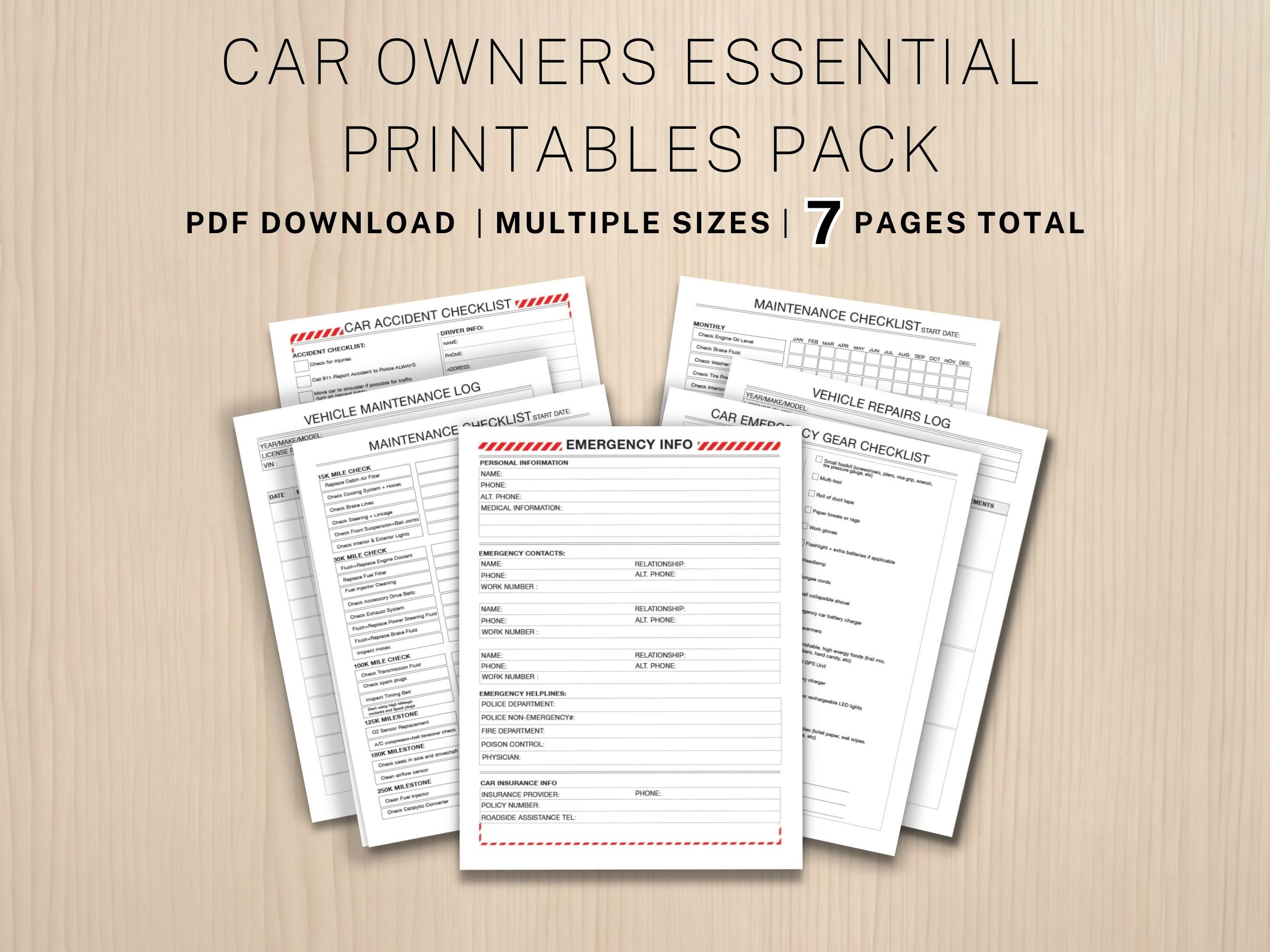 Car Owner Essential Printables Pack, Maintenance Checklists, Emergency ...