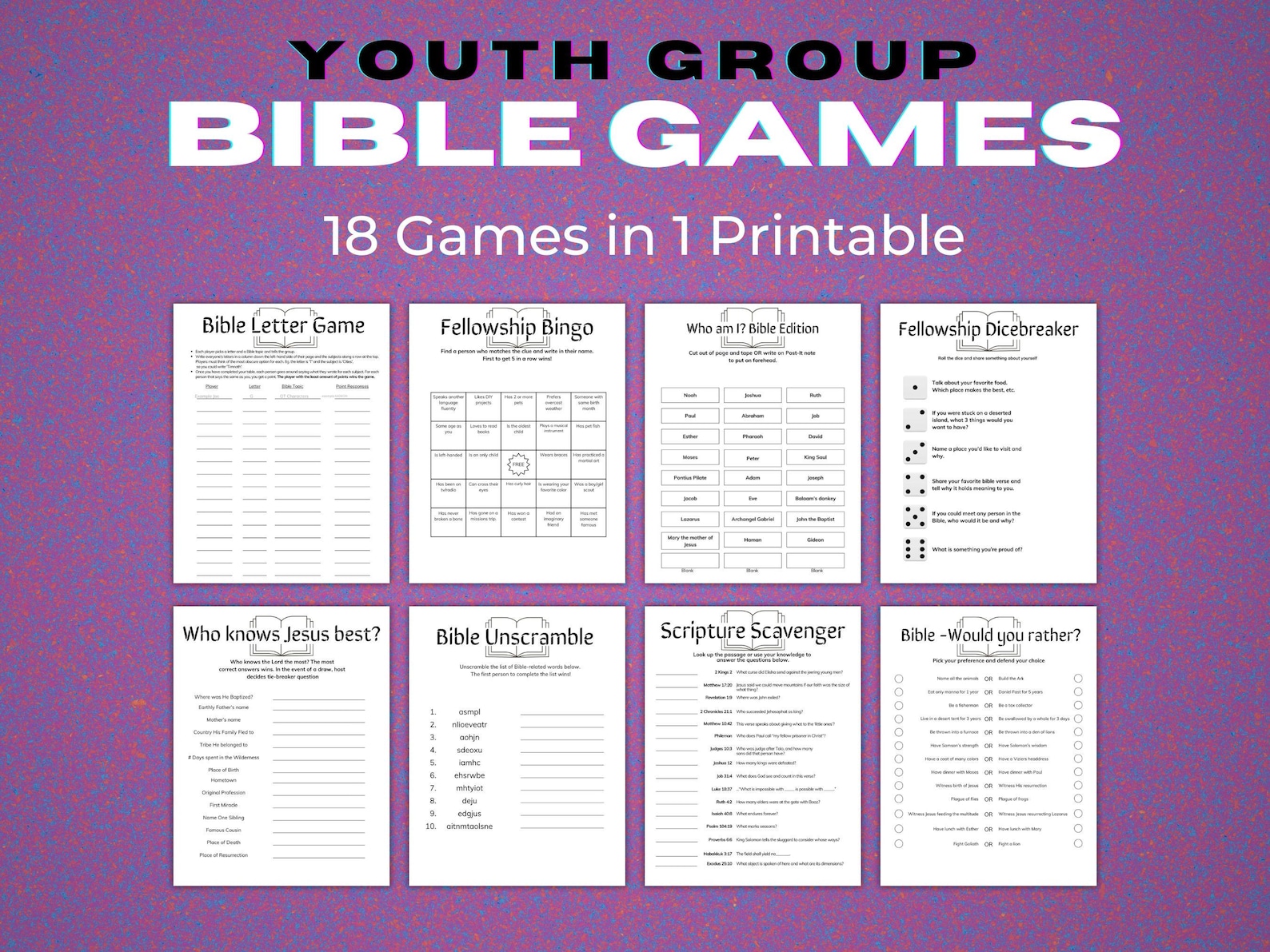Christian Youth Group Activity Set: 18 Printable Bible Study Games for ...