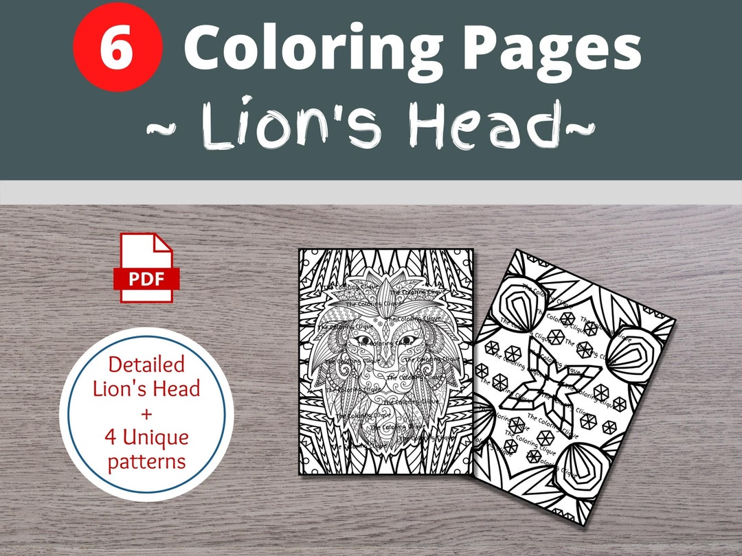 Lion Head Printable Coloring Pages With Unique Patterns - Etsy