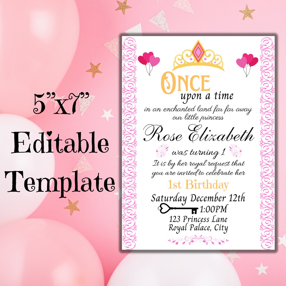 Editable Princess Birthday Invitation - Digital or Printable - Editable ...