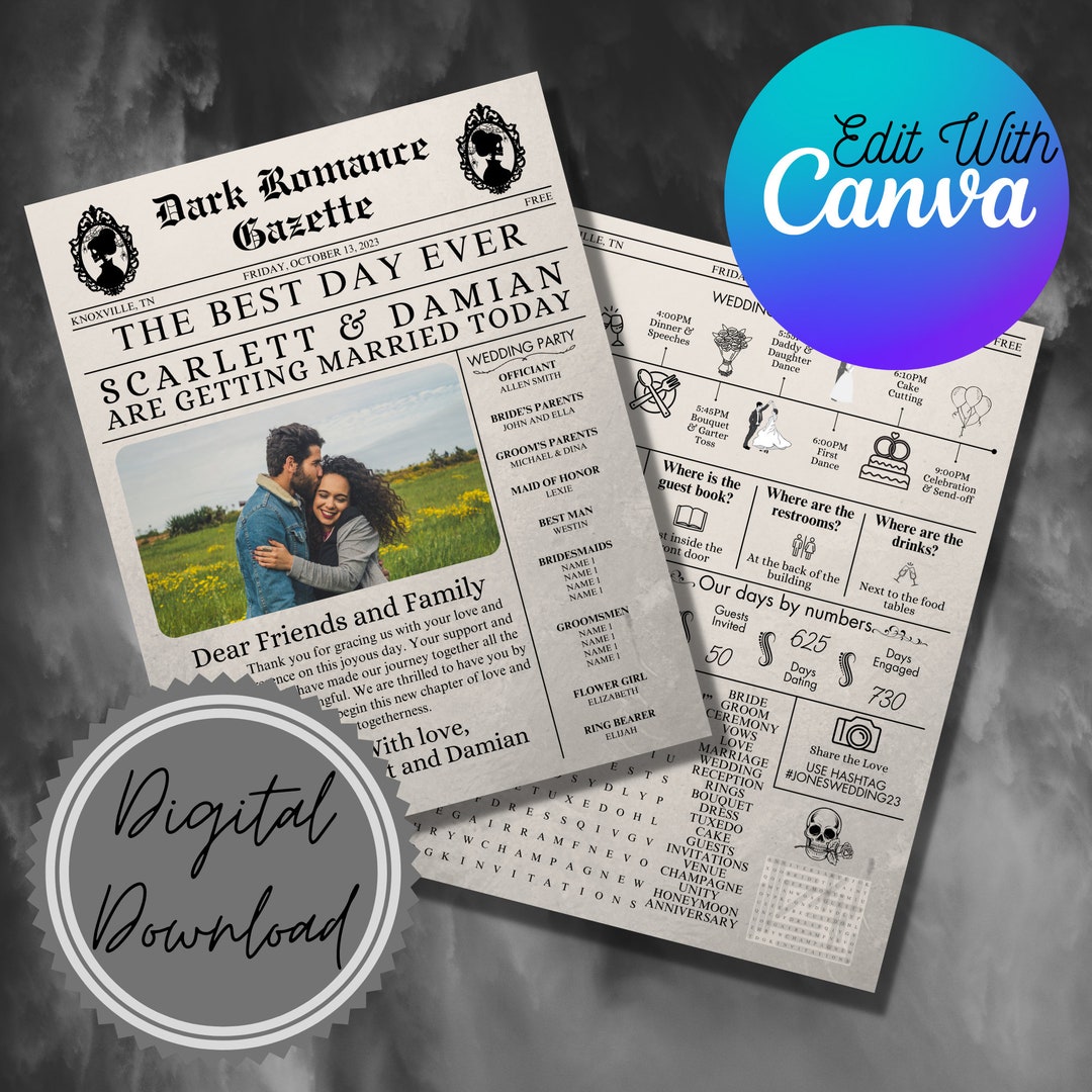 Gothic Wedding Newspaper Program Template - Editable - Printable - Etsy