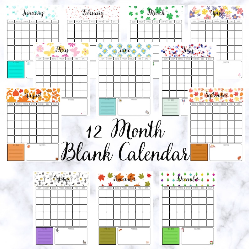 Blank 12 Month Printable Calendar | Etsy