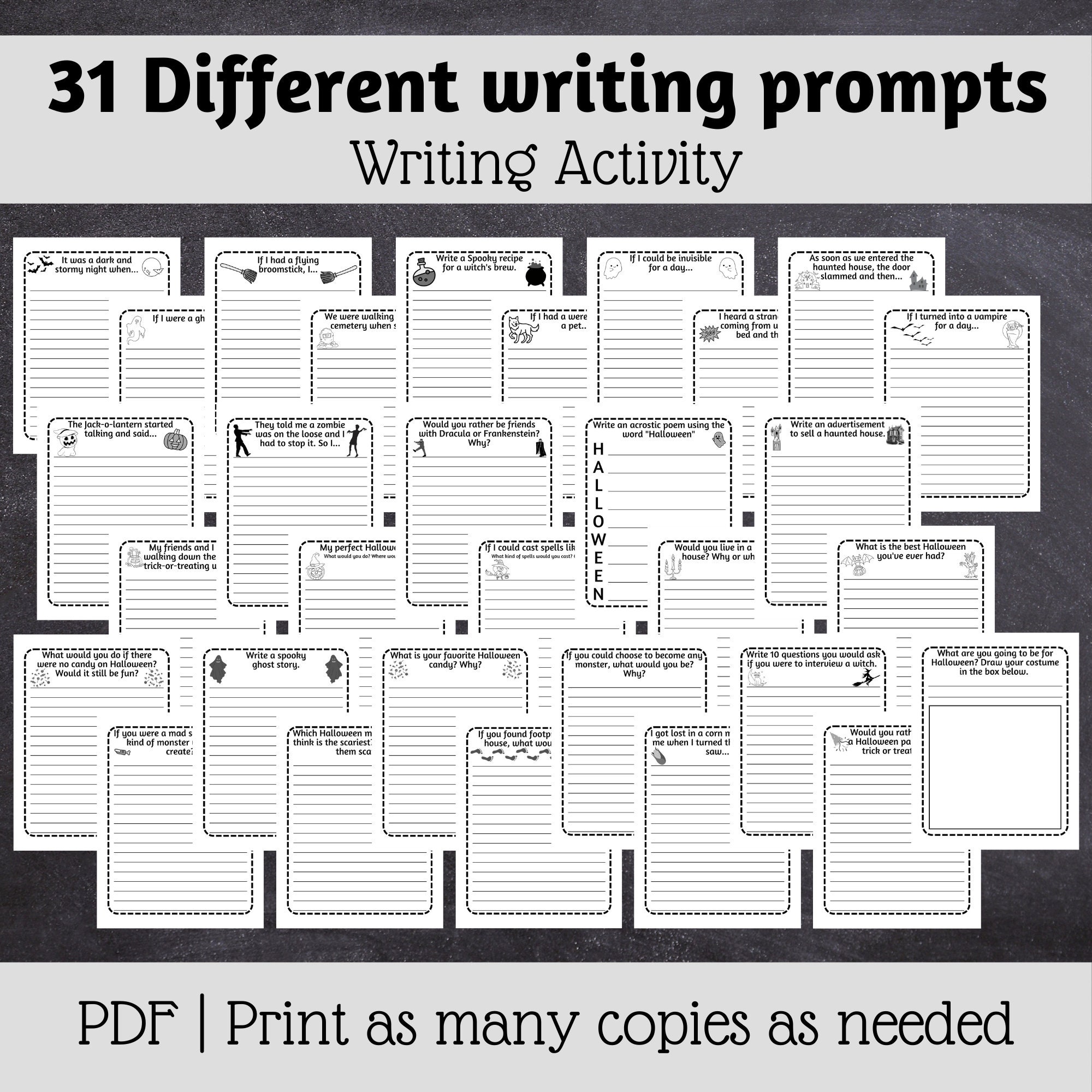 Halloween Printable Children’s Writing Activity - 31 Writing Prompts ...