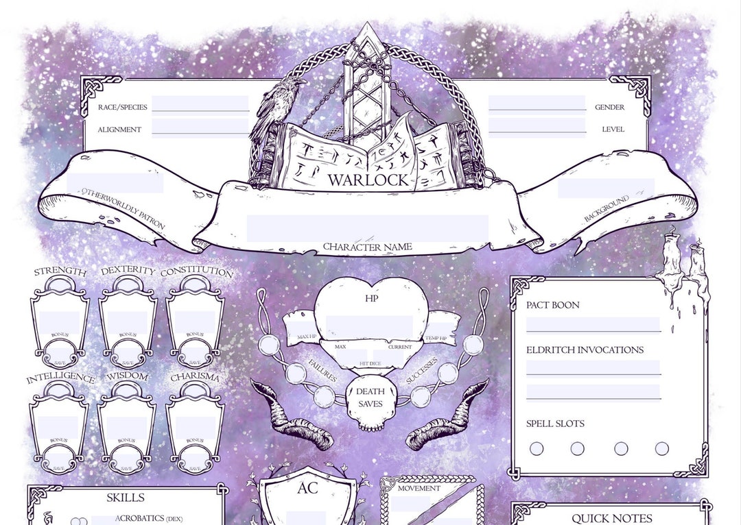 Fillable D&D 5E - Warlock - Character Sheets - Etsy