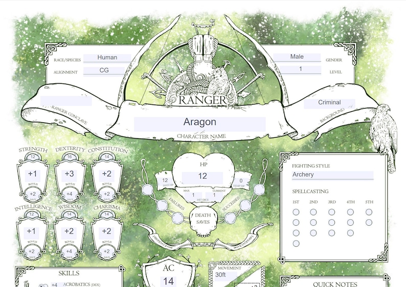 Fillable D&D 5E Ranger Character Sheets - Etsy Australia