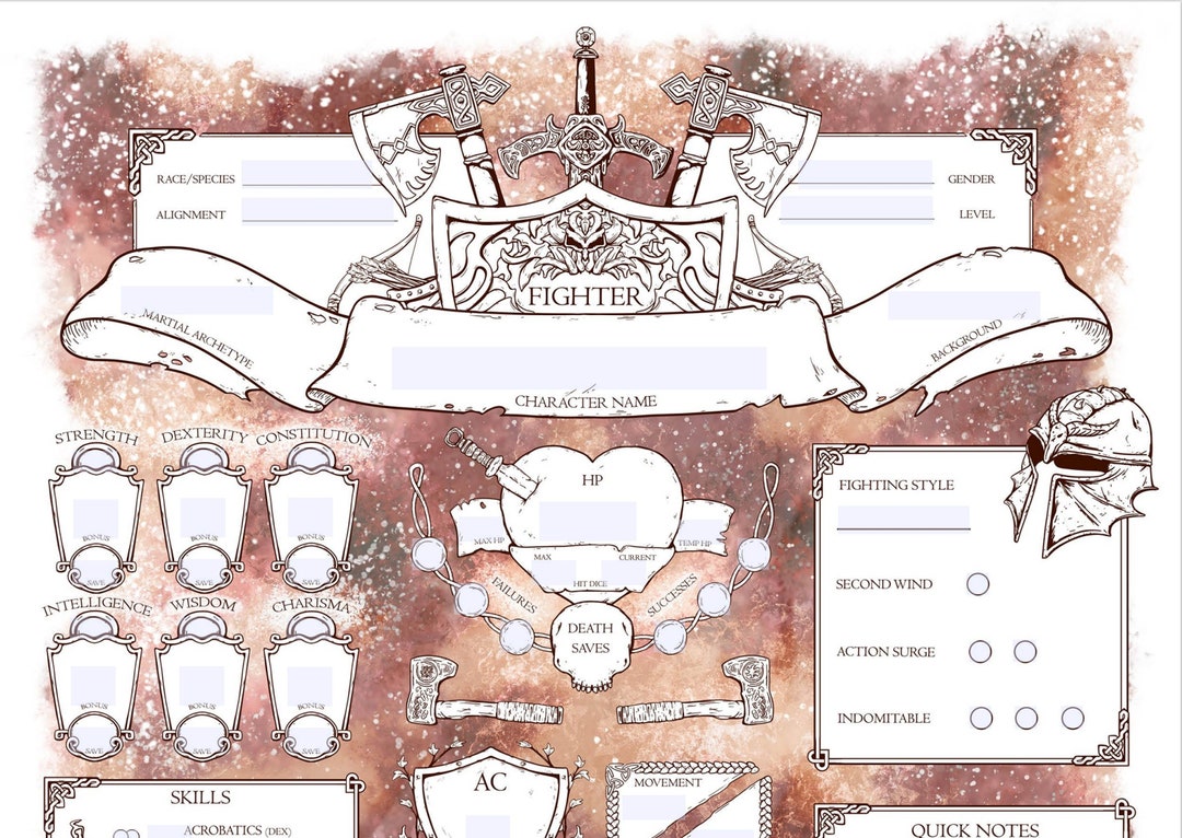 Fillable D&D 5E - Fighter - Character Sheets - Etsy