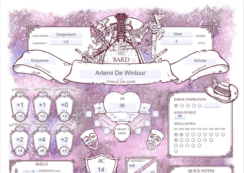 Fillable D&D 5E - Bard - Character Sheets - Etsy