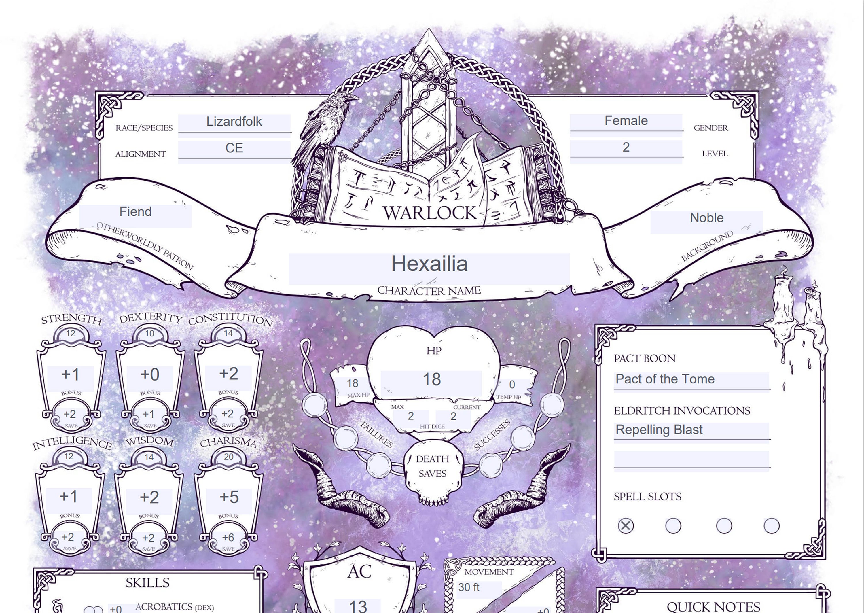 Fillable D&D 5E - Warlock - Character Sheets - Etsy Australia