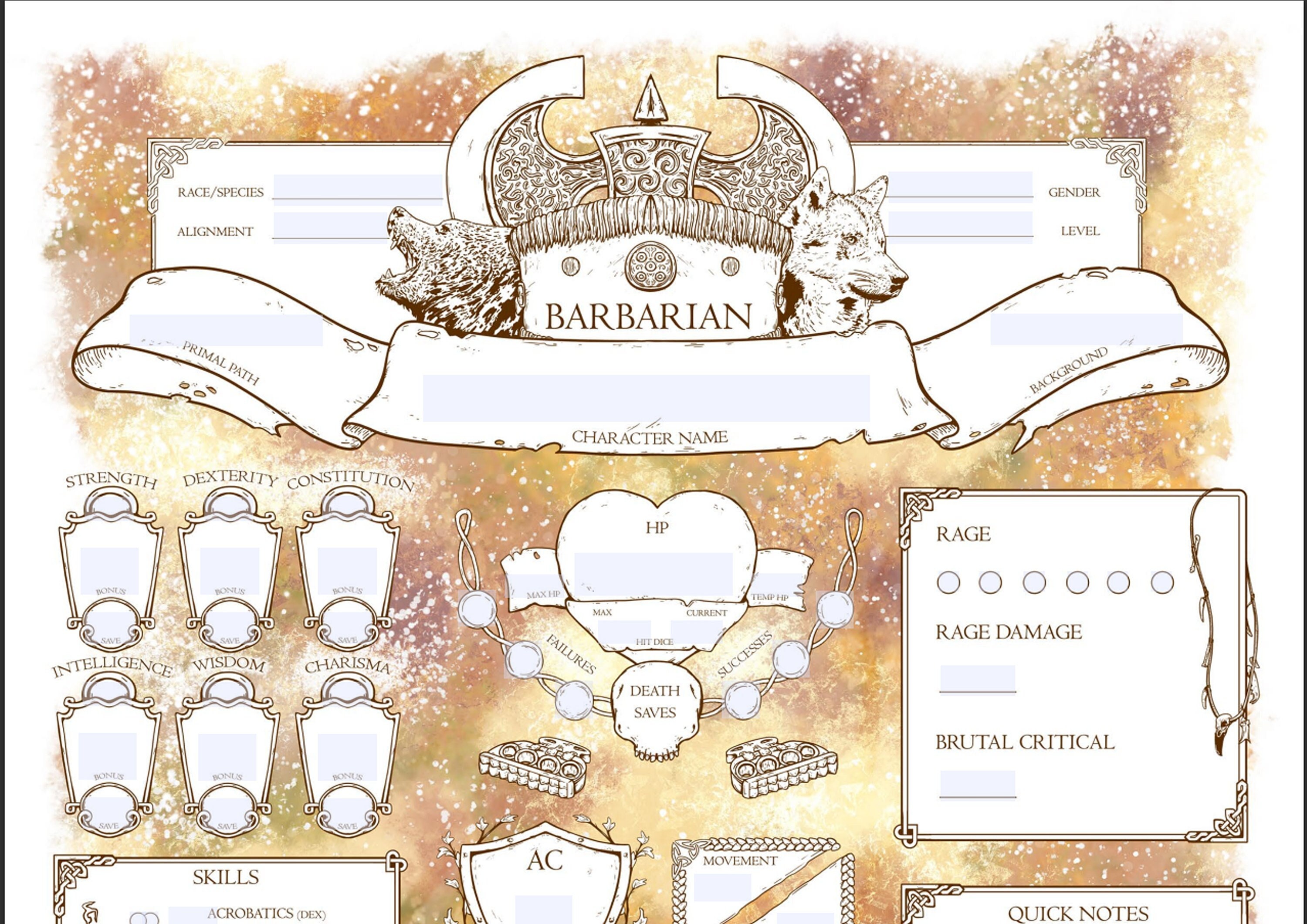 Fillable D&D 5E Character Sheets Barbarian - Etsy