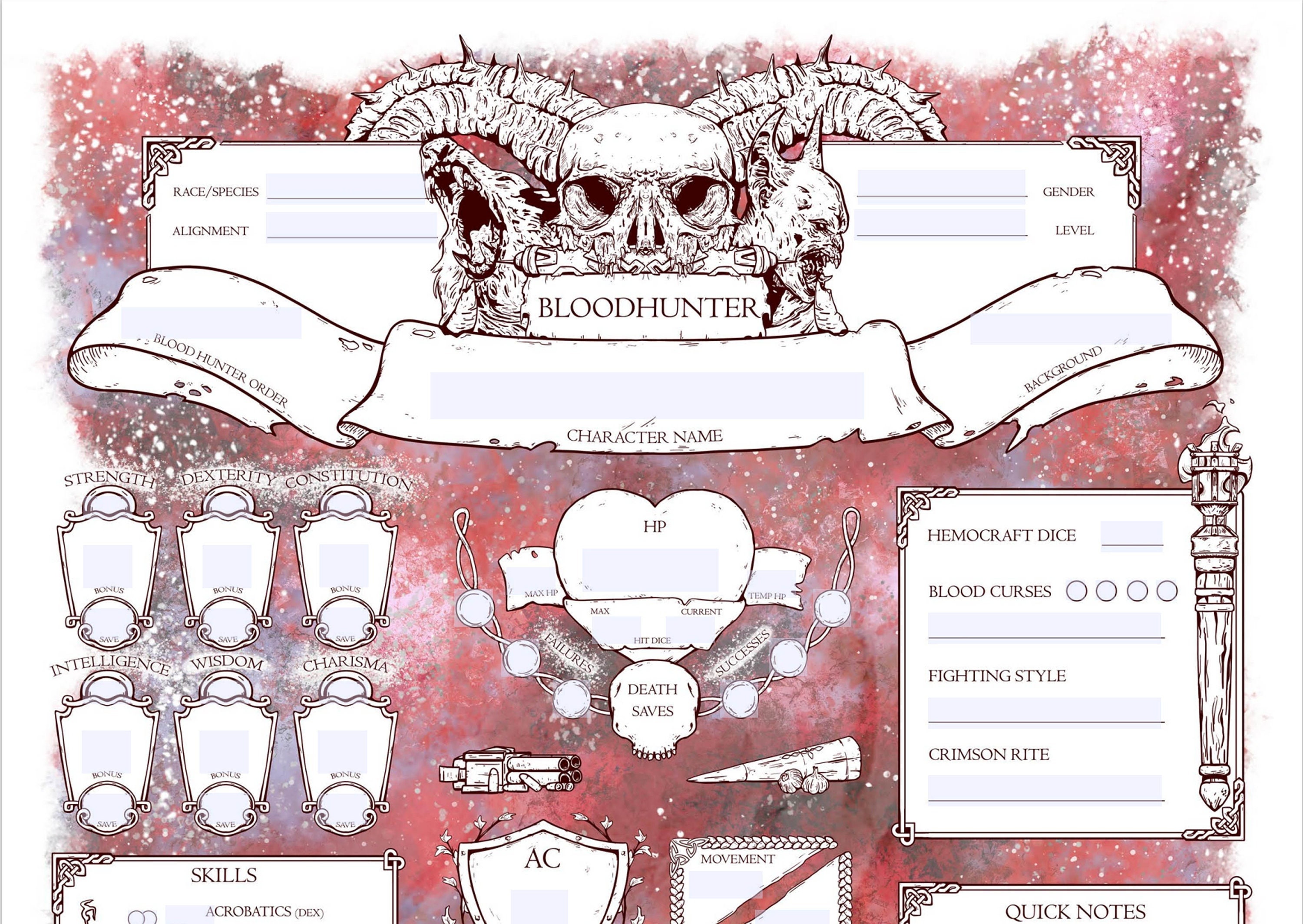 Fillable D&D 5E Bloodhunter Character Sheets - Etsy