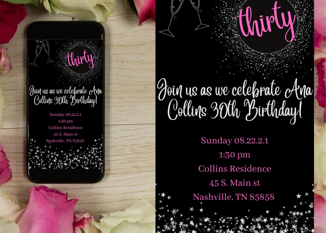 Glittery Pink and Black Digital Birthday Invitation - Etsy