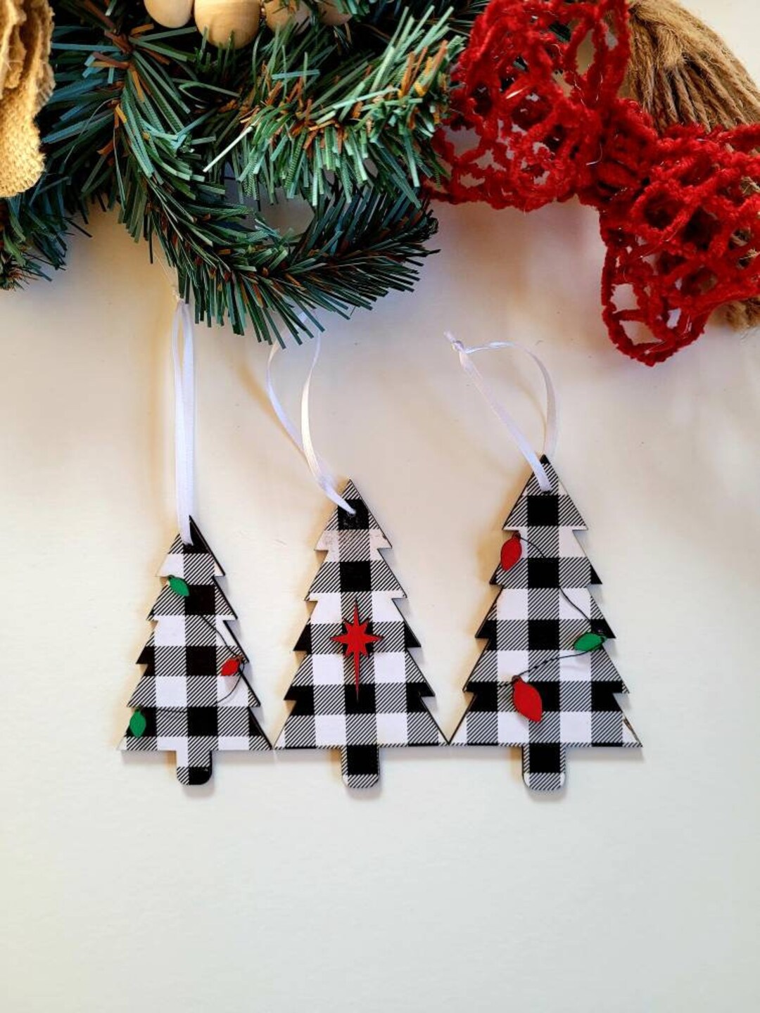 Set of 3 Christmas Tree Ornaments Black and White Checkerboard Pattern ...