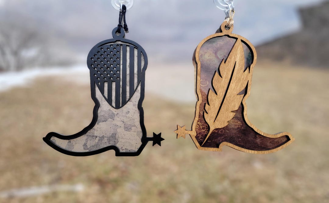 Western Boot Sun Catcher Bundle. Feather, Guitar Pick Flag. Laser Ready ...