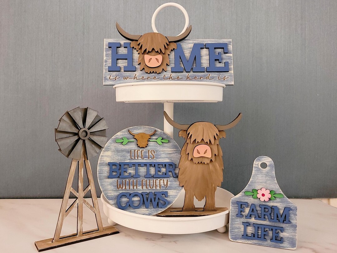 Rustic Farmhouse Highland Cow Tiered Tray Set. Laser Cut Individual or ...