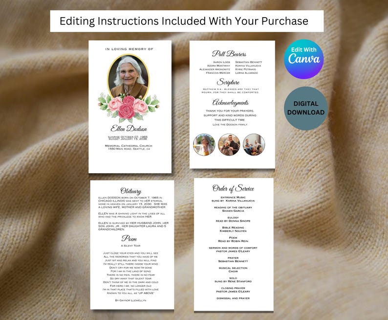 Celebration of Life, Obituary Template, Funeral Program, Memorial ...