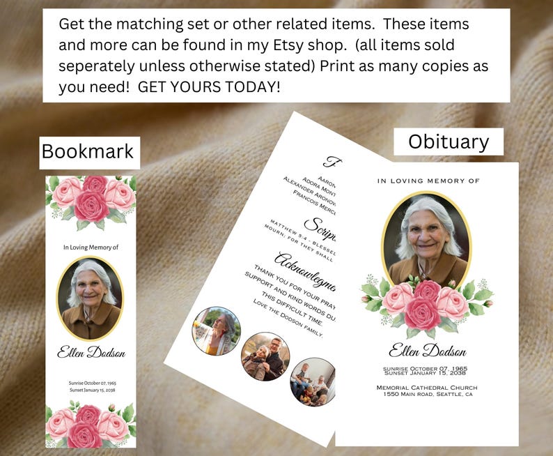 Editable Obituary Bookmark Template, Funeral Keepsake, Memorial ...