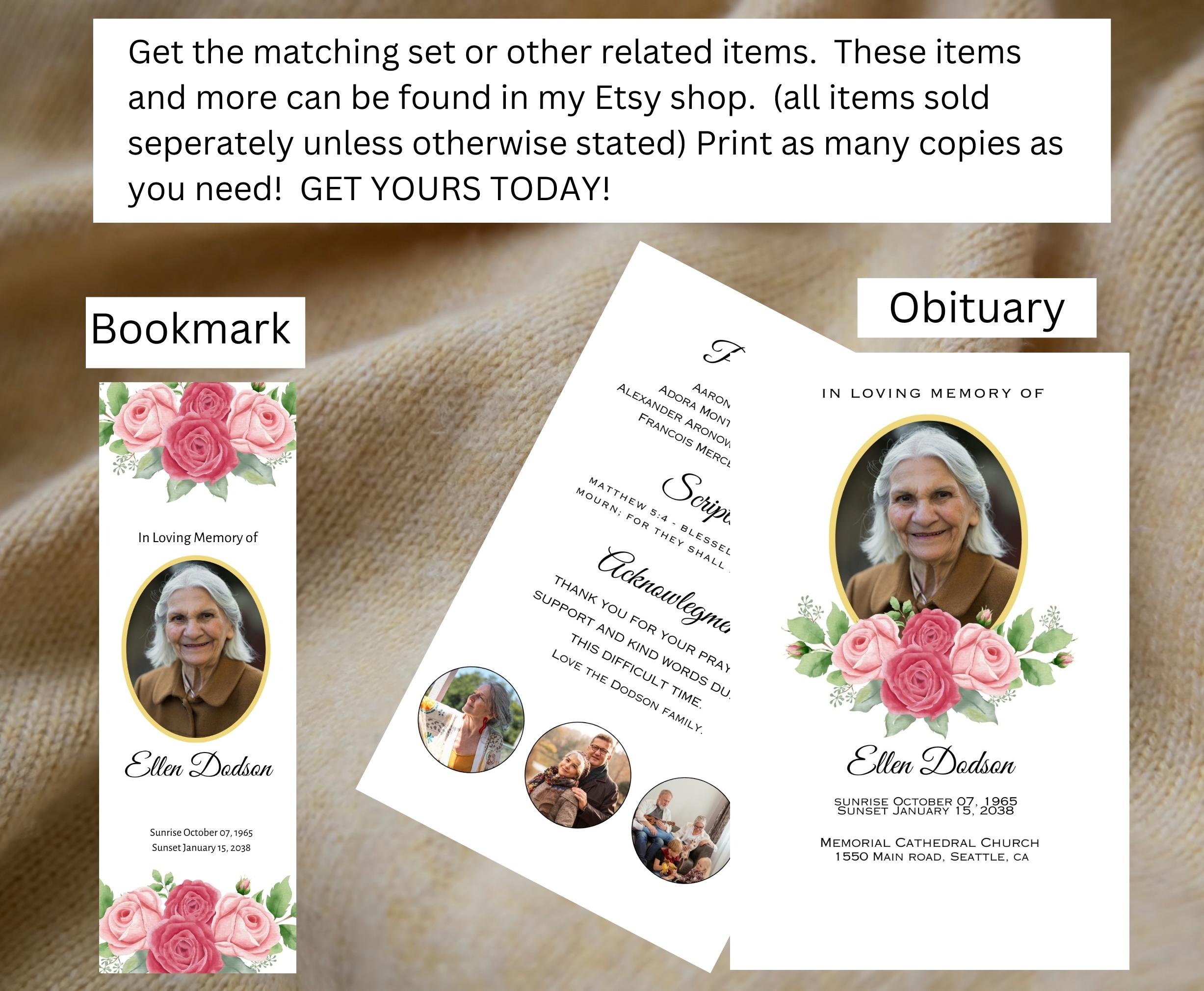 Editable Obituary Bookmark Template, Funeral Keepsake, Memorial ...