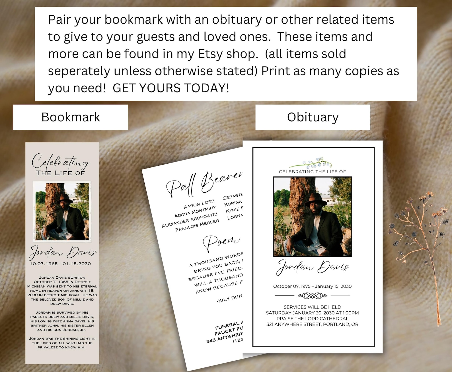 Editable Obituary Bookmark Template, Funeral Keepsake, Memorial ...
