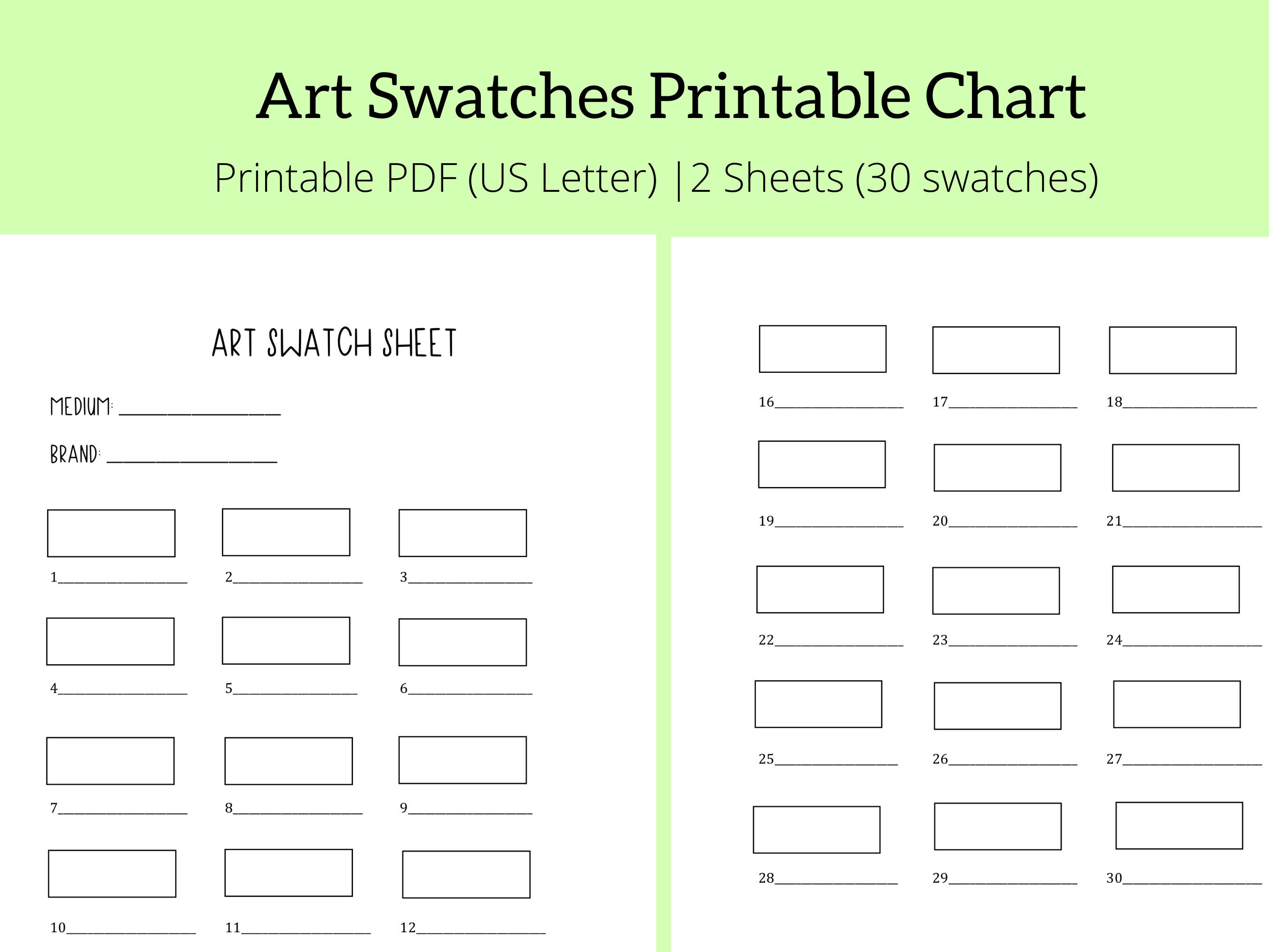 Art Swatch Printable Chart | Printable Color Swatch Sheet | PDF File - Etsy