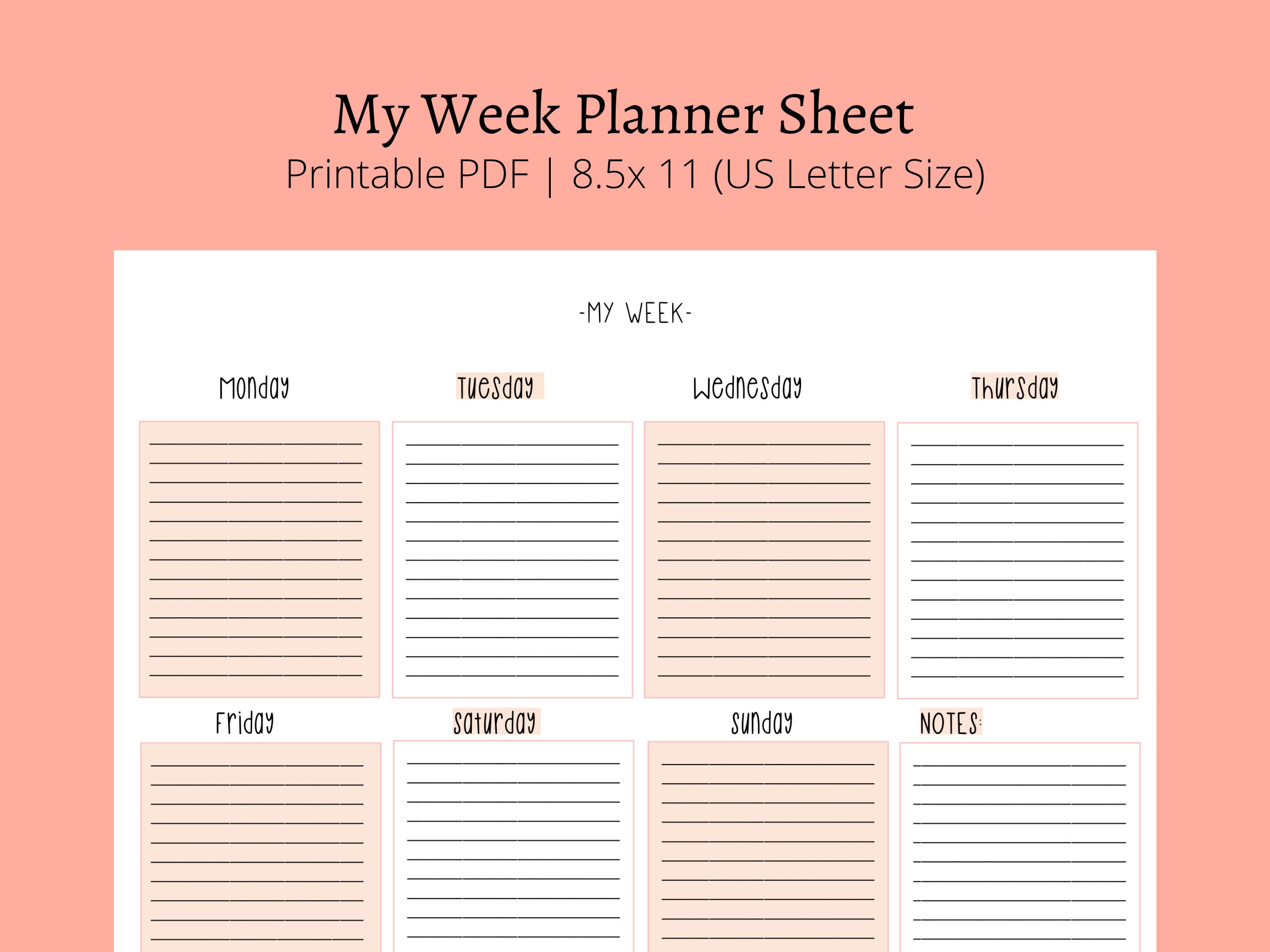 My Week Planner Sheet, Weekly Planner, Weekly Notes Printable PDF - Etsy