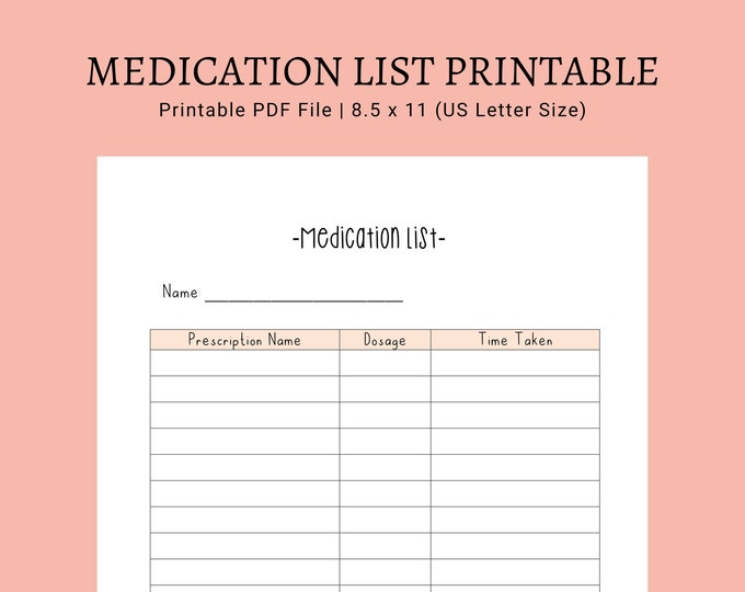 Medication PDF Printable - Etsy Canada