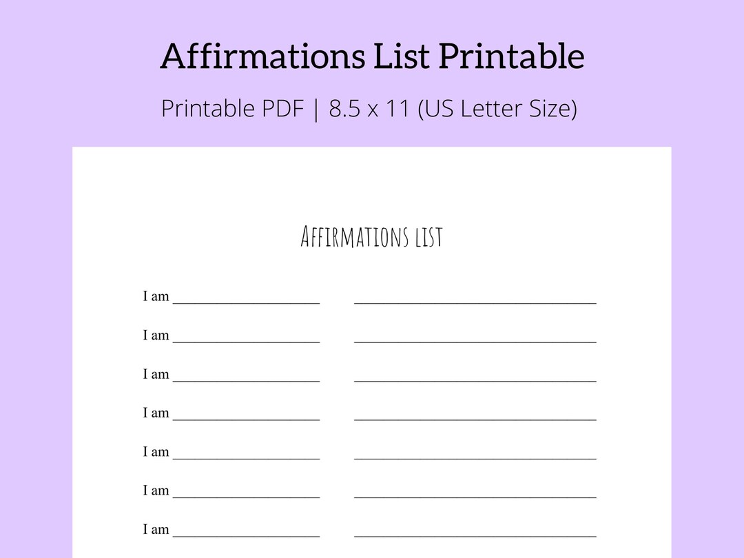 Affirmations List Printable | Affirmation Sheet PDF | Digital Download ...
