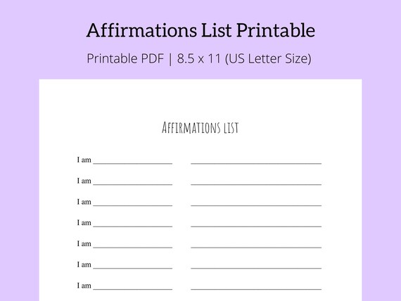 Affirmations List Printable Affirmation Sheet PDF Digital - Etsy
