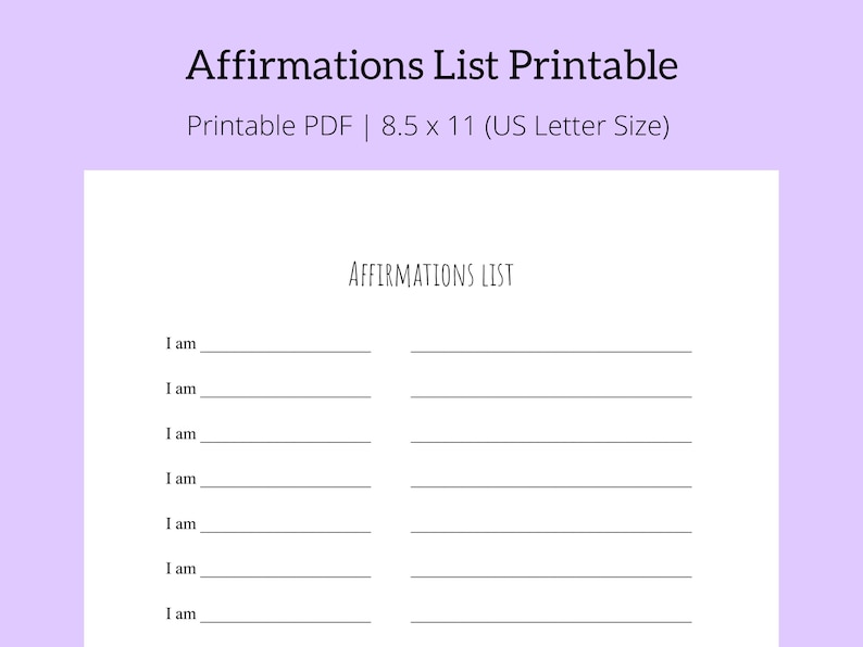 Affirmations List Printable | Affirmation Sheet PDF | Digital Download ...
