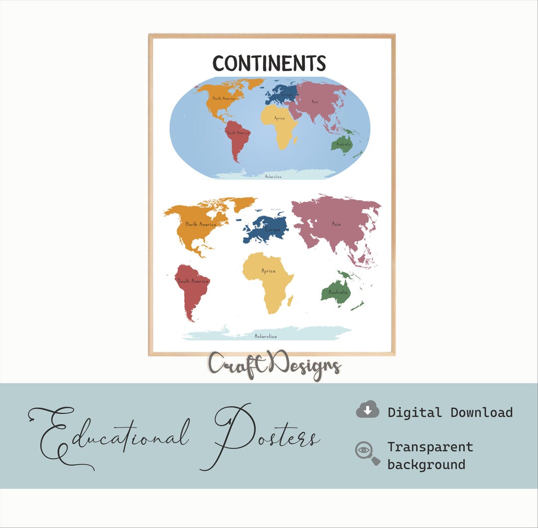 Continents Poster, World’s Continents Wall Art, Classroom Posters ...