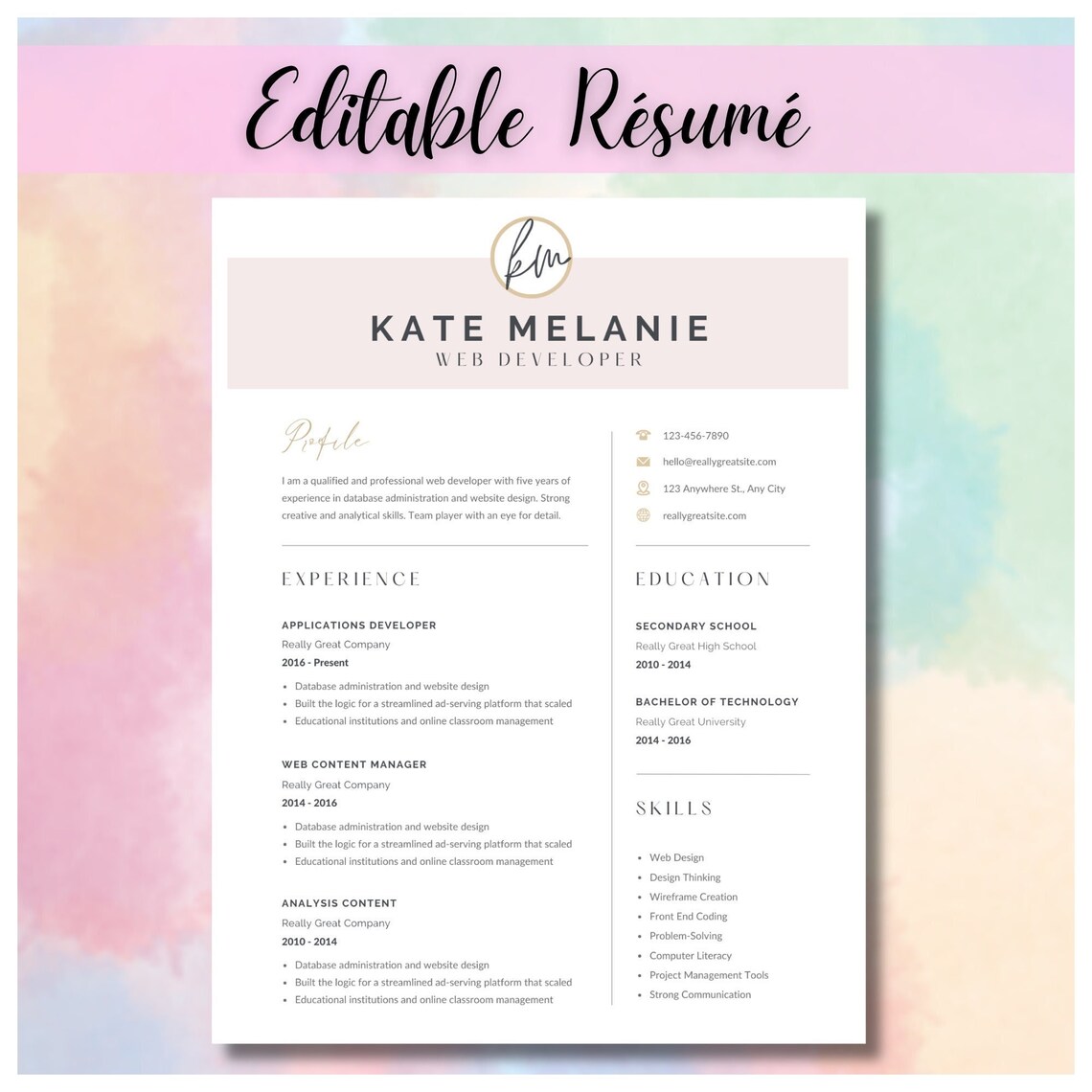 Professional Editable/printable Résumé Template - Etsy