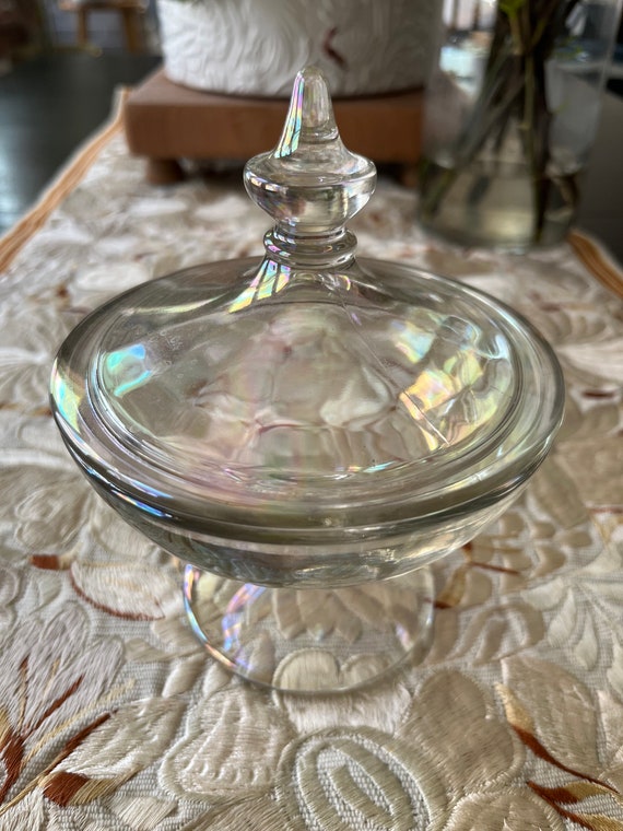 Vintage Opal White/ Clear Iridescent Candy Dish With Lid - Etsy