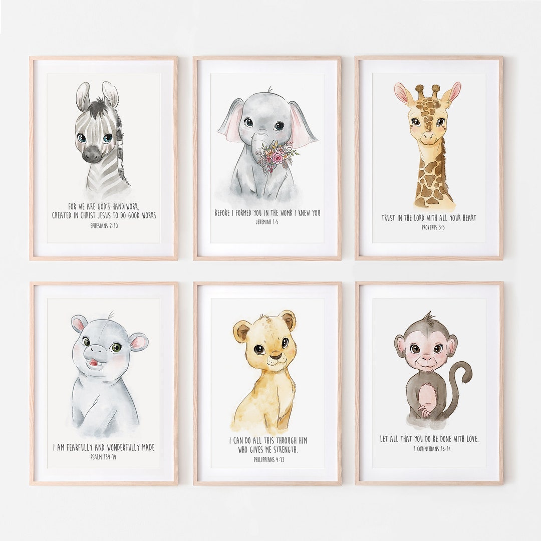 Cute Safari Animals Wall Art Bible Verse Jungle Animals Nursery ...