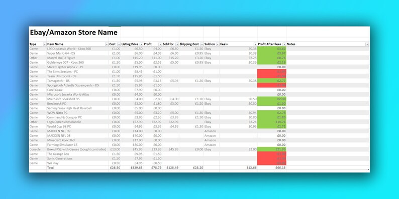 Ebay/amazon Online Store Profit and Loss Spreadsheet Excel - Etsy