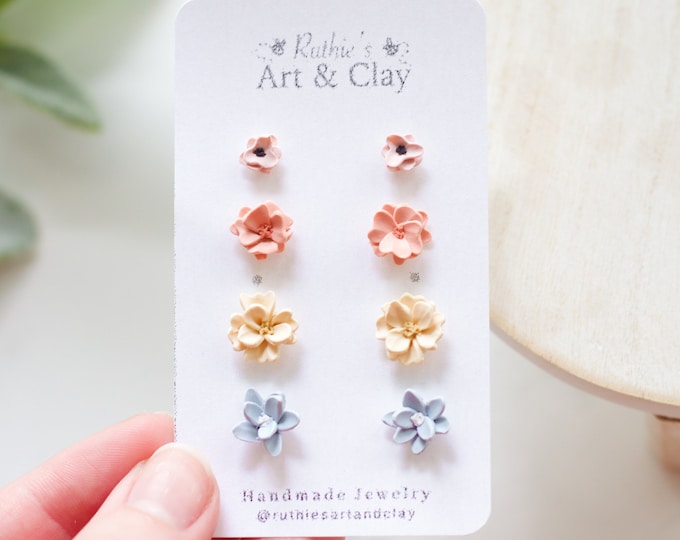 Detailed Spring Floral Stud Earring 4 Pack | Polymer Clay Floral Stud ...