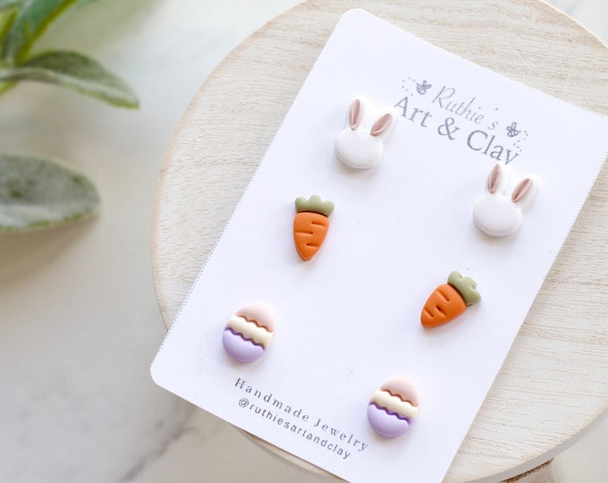 Easter Clay Earring Stud Pack | Handmade Polymer Clay Easter Bunny Stud Earring Pack | Spring ...
