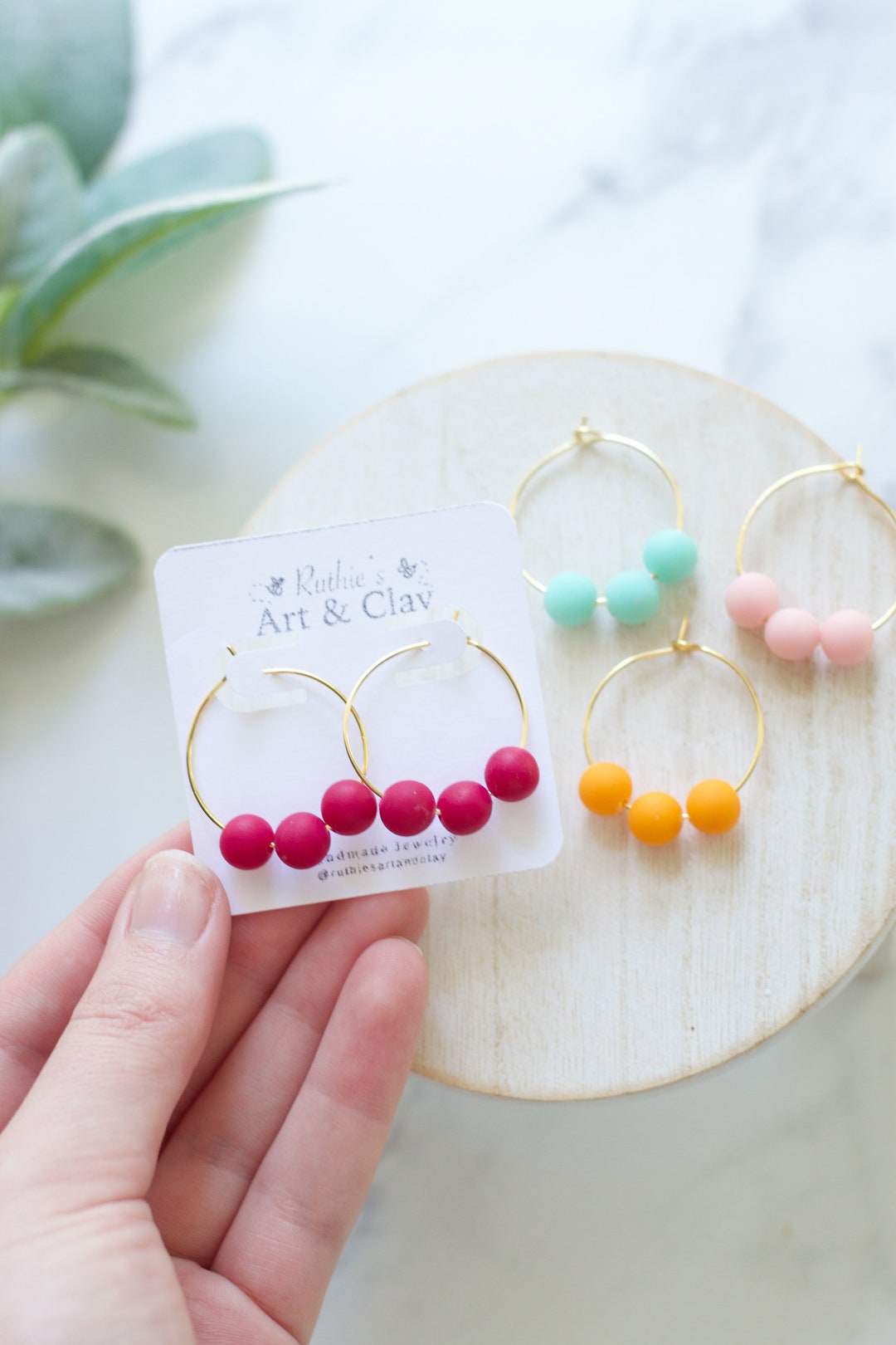 Summer Polymer Clay Bead Earrings | Handmade Clay Bead Lightweight Hoop Earrings | Summer ...