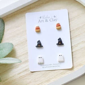 Halloween Ghost, Candy Corn, and Witch Hat Stud Earring Pack | Handmade Clay Halloween Themed ...