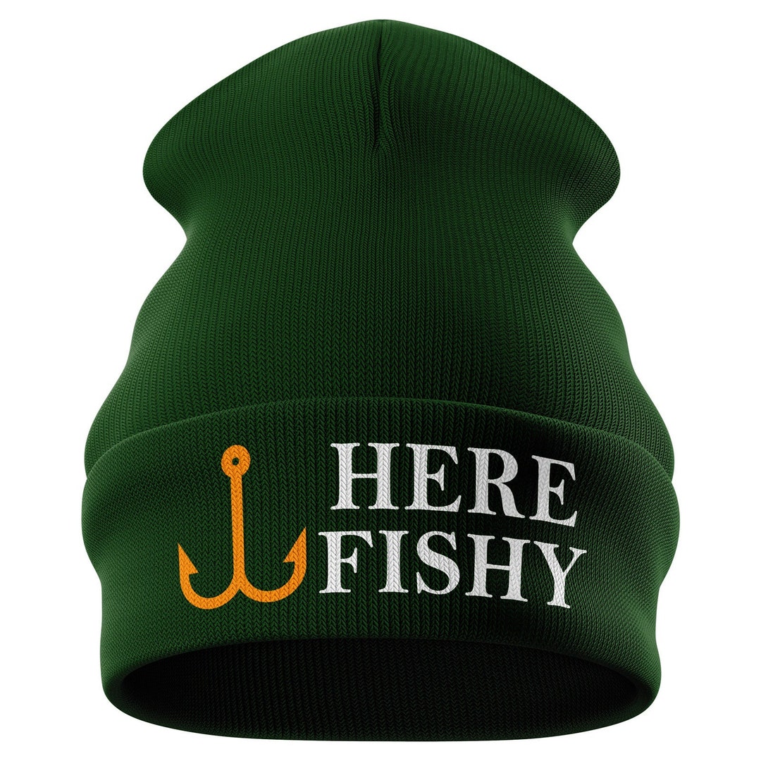 Here Fishy Fishing Beanie Hat, EMBROIDERED Beanie, Funny Fishing Gift ...