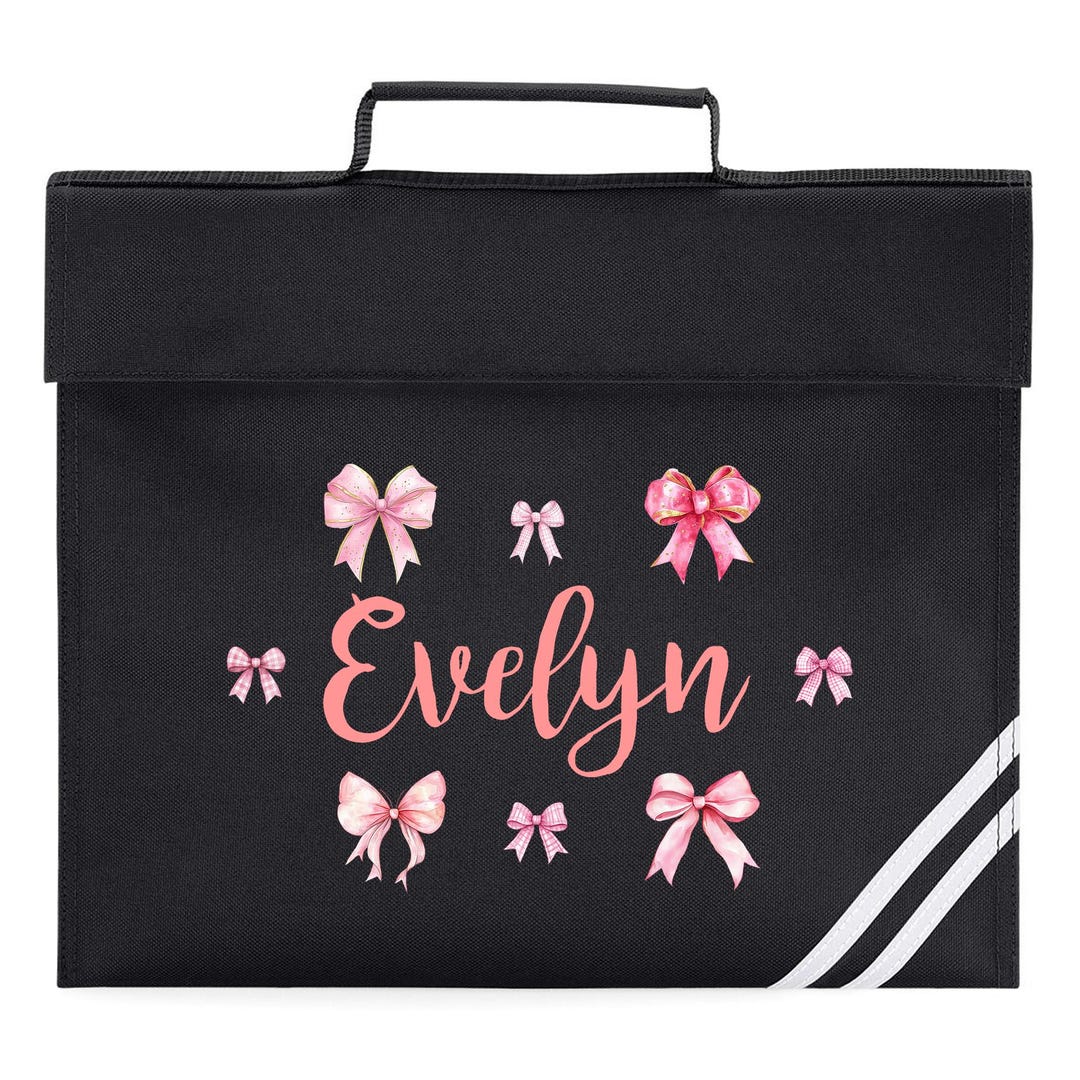 Personalised Girls Book Bag With Pink Bows, Custom Name School Folder ...