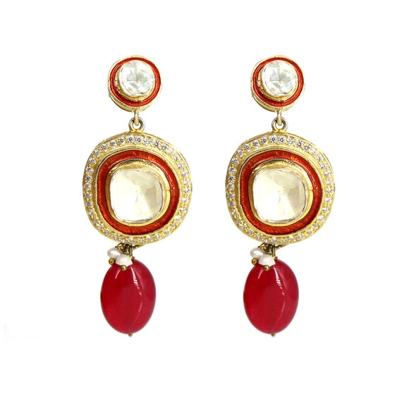 Red stone and pearl earrings store