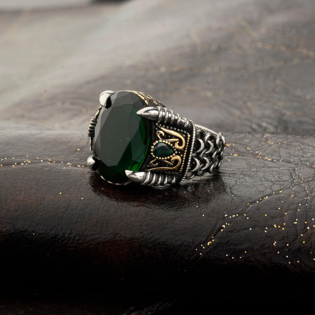 925K Silver Emerald Green Stone Men's Ring, Silver Knit Detailed Man ...
