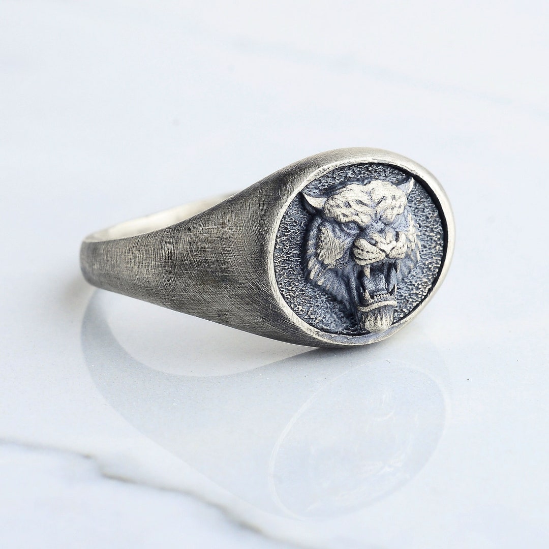 Tiger Head Silver Men Ring, Gothic Tiger Unique Ring, Sterling Silver ...