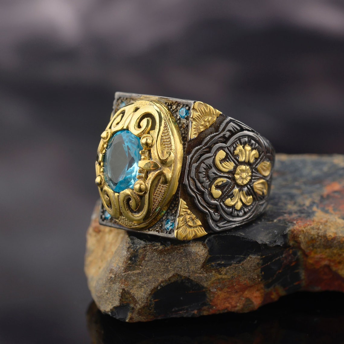 Blue Topaz Large Man Ring Man Ring Goldfamily Ring vintage | Etsy