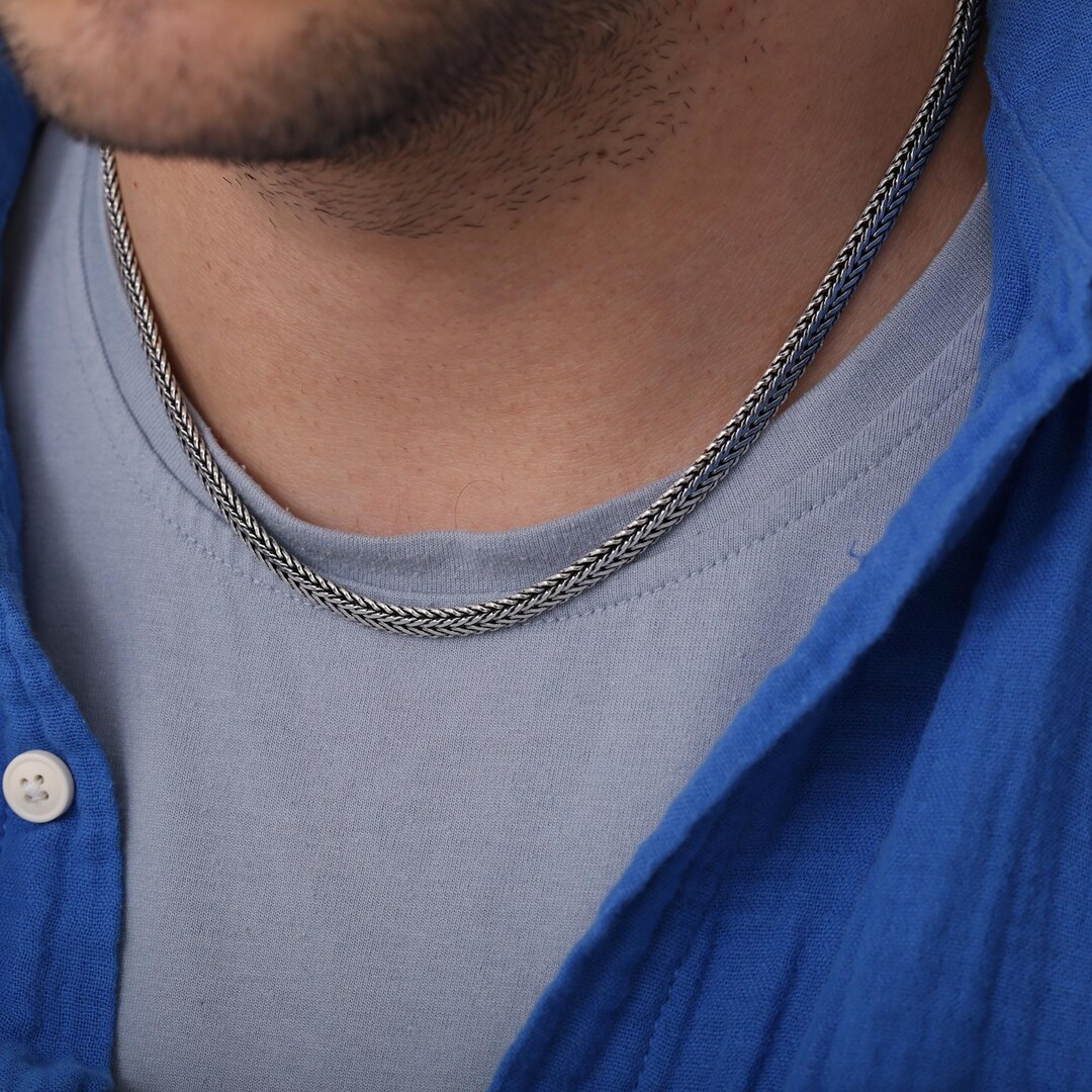 Handmade 925 Silver Viking Foxtail Chain Necklace - Mens Oxidized Knit ...