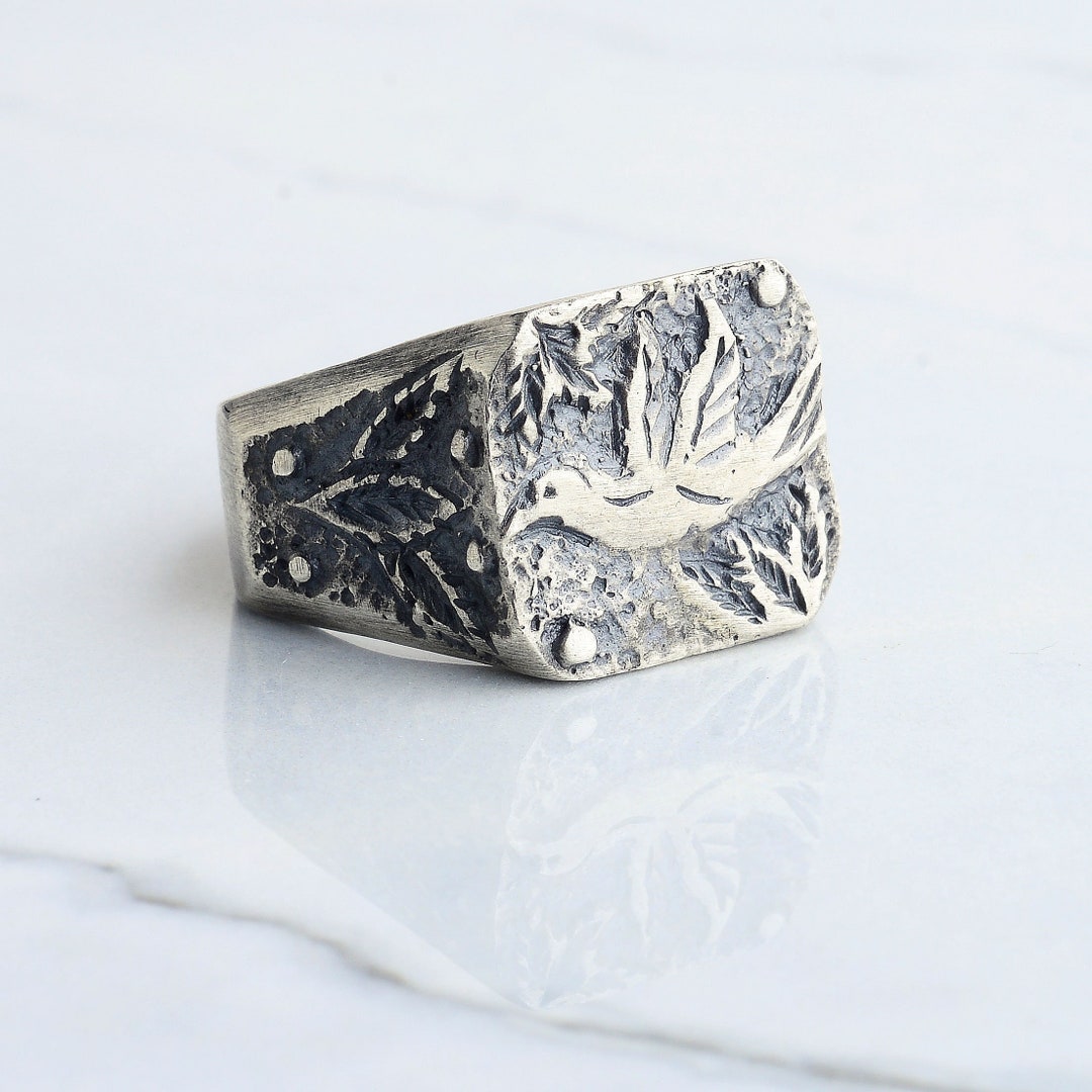 Silver Pigeon Relief Men Ring, Handmade Nature Ring, Sterling Silver ...