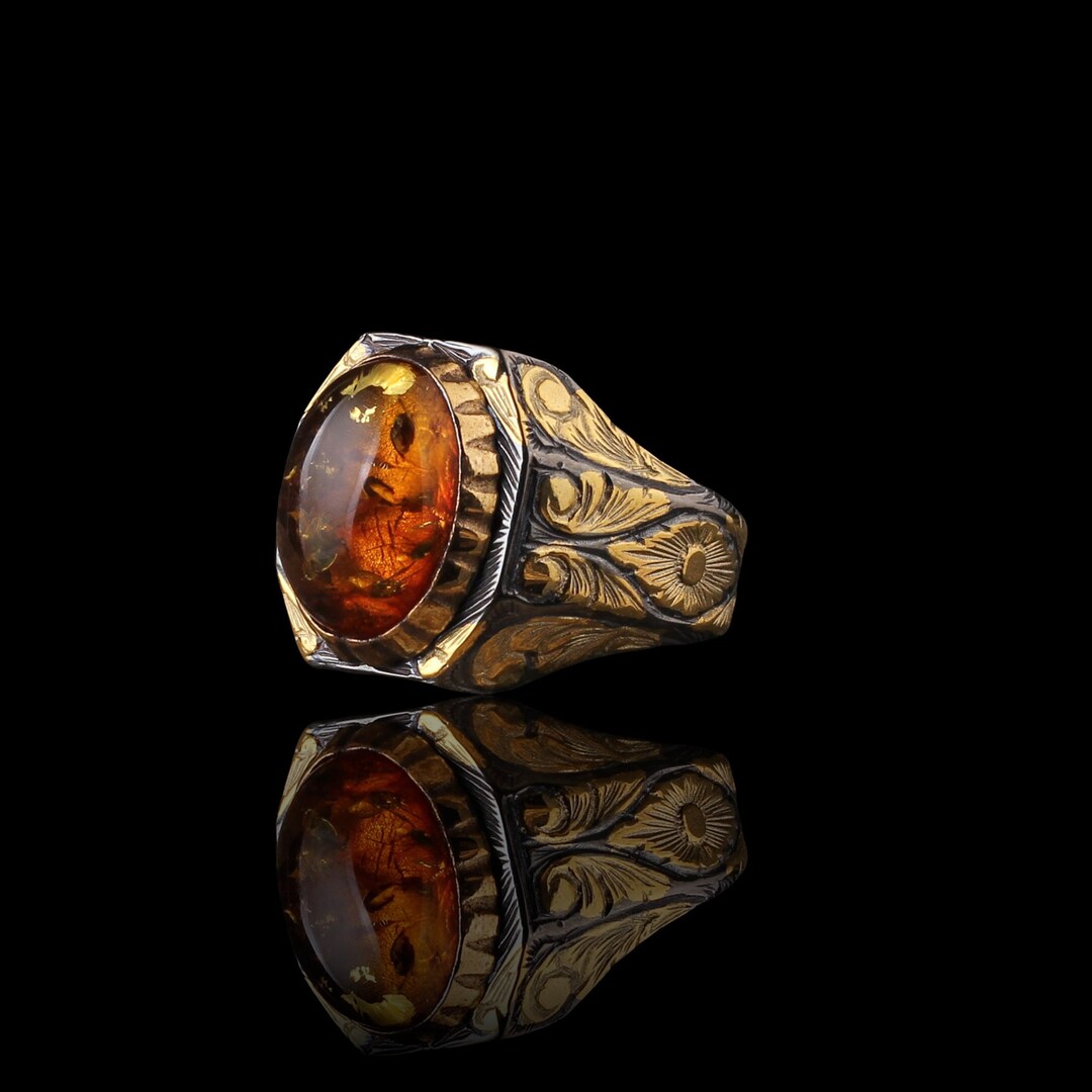 Handmade Red Amber Sterling Silver Ring: Engraved Signet Ring for Men ...