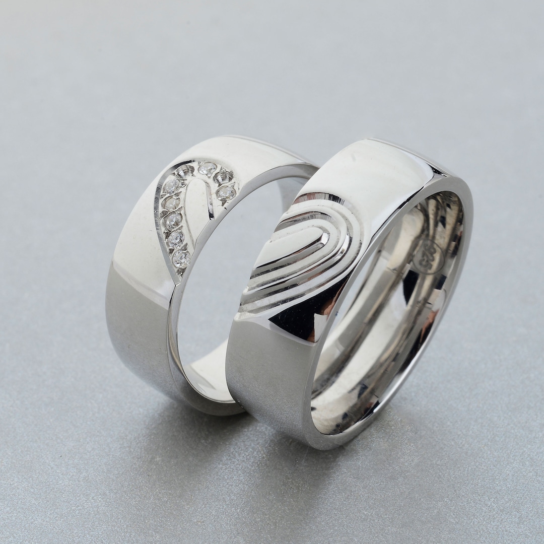 Matching Heart Wedding Band Set, Minimalist Wedding Ring Set, Wedding ...