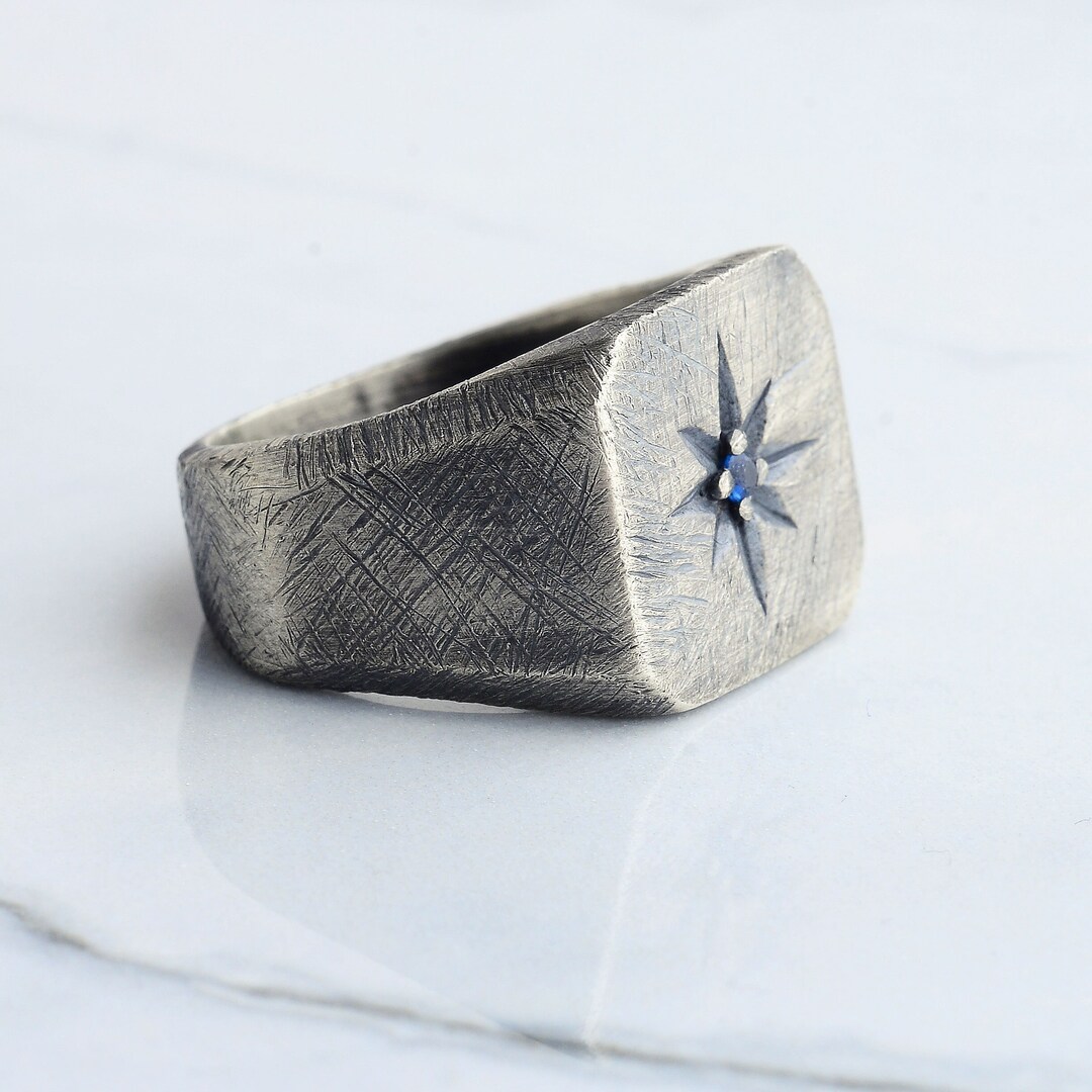 Silver Stone Pole Star Men Ring, Unisex Minimalist North Star Ring, Silver Ring, Sterling Silver ...