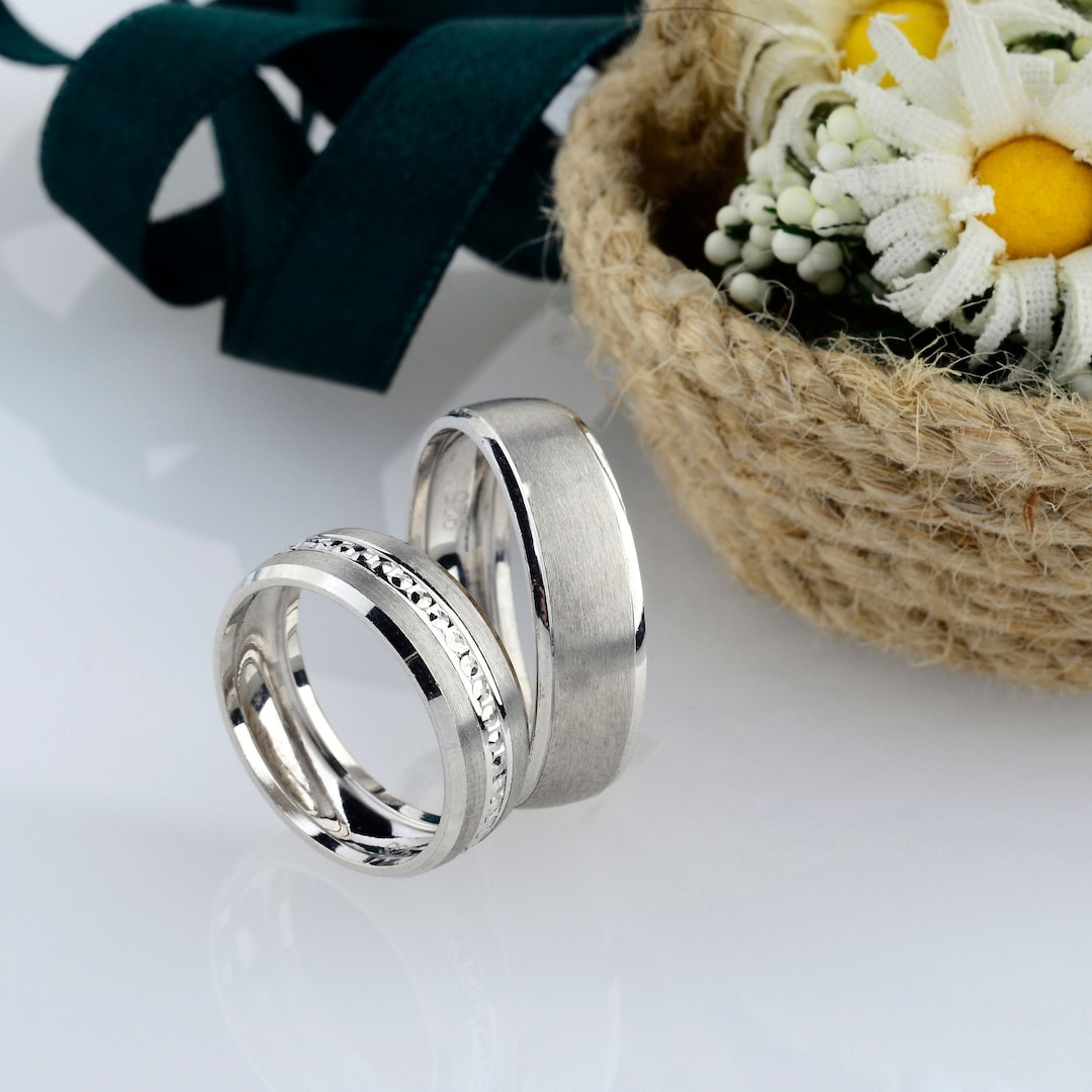 Silver Wedding Band Set, Modern Wedding Ring Set, Matching Wedding ...