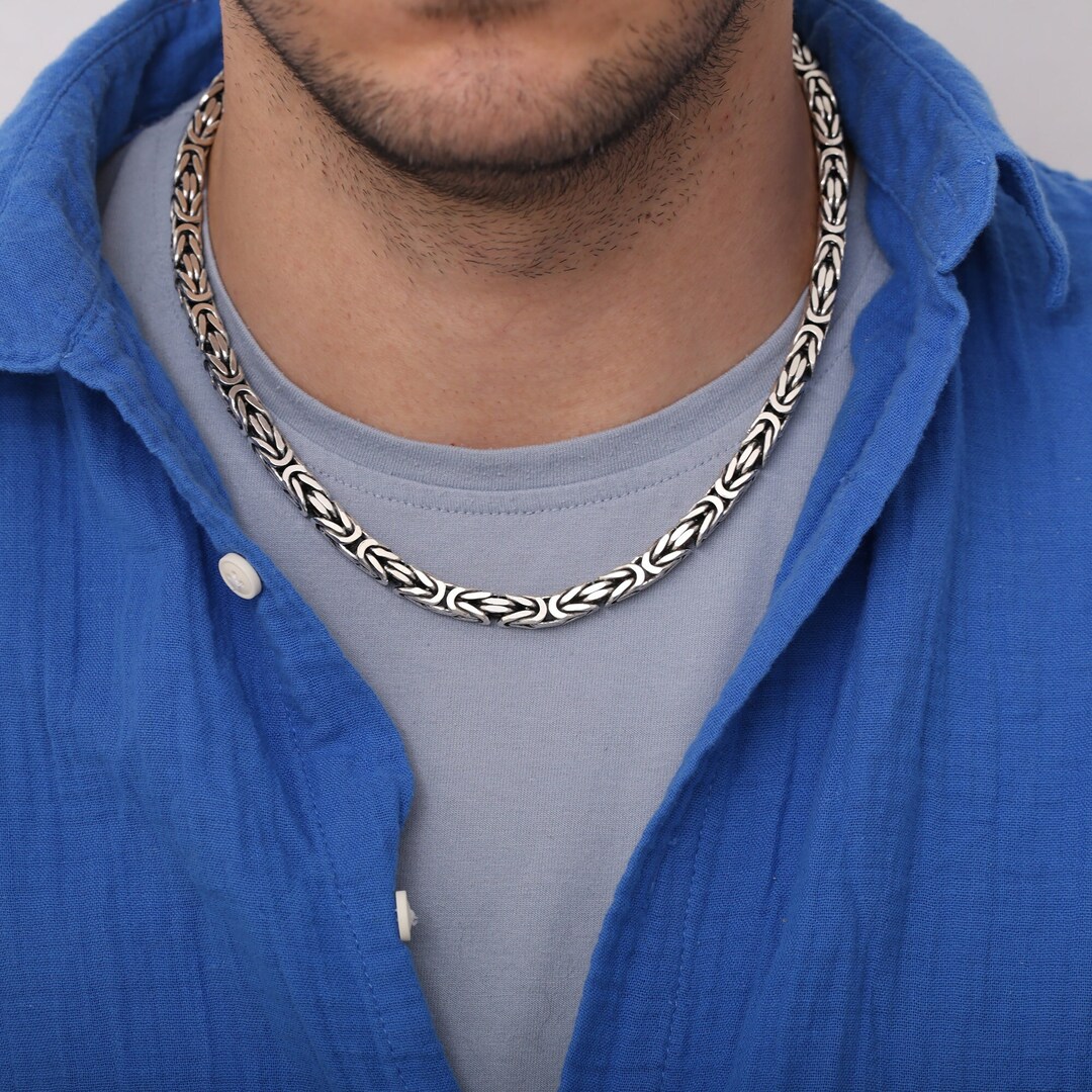 Handmade 925k Sterling Silver Oxidized Byzantine Chain Necklace for Men ...